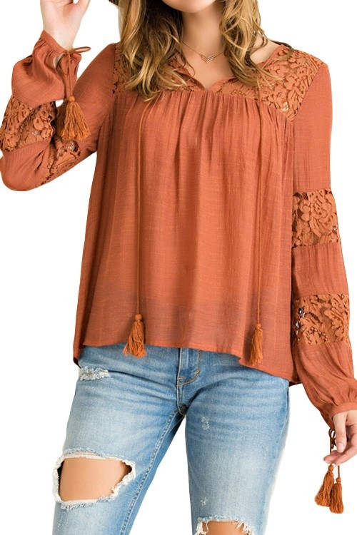 Burnt Orange Long Sleeve Top With Lace And Tassel Tie Longhorn Fashions