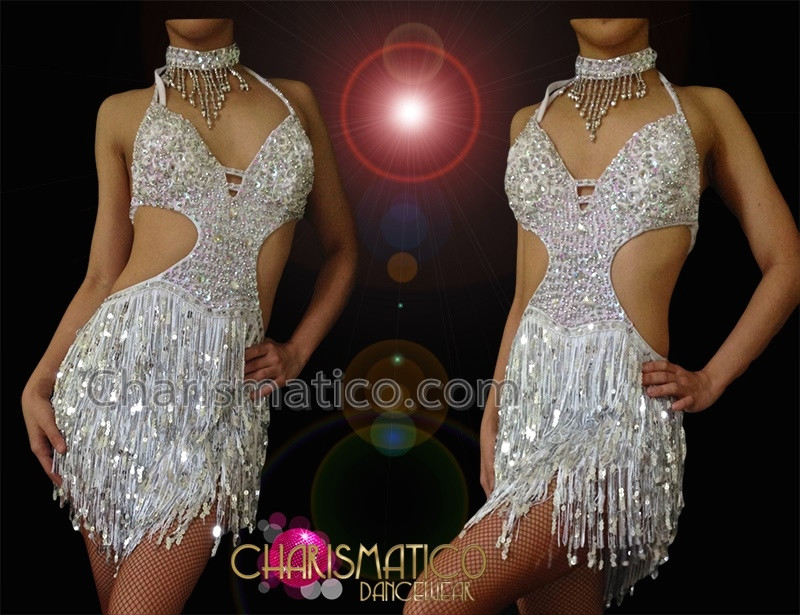 Charismatico Divas Sexy Side Cutout Silver Sequin Fringed Latin Dance