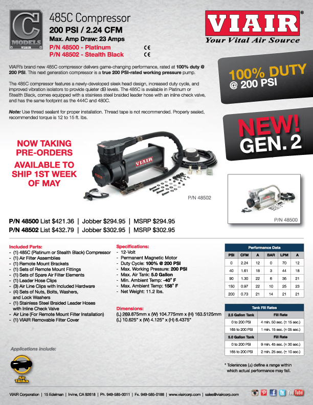 VIAIR #485C STEALTH BLACK COMPRESSOR W/ FREE SHIPPING - AVS