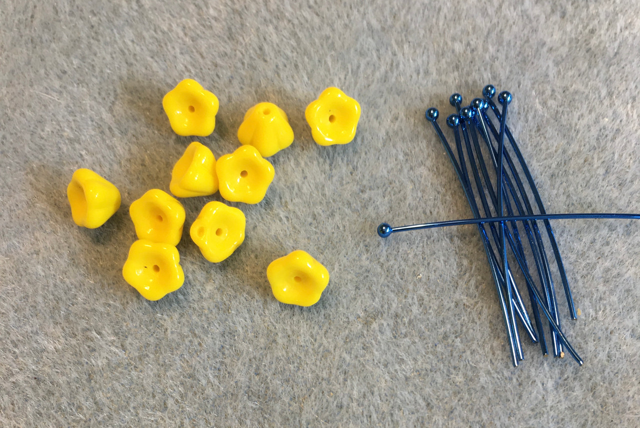 Bell Flower with Blue Head Pins, 10 count - Sally Bead Jewelry