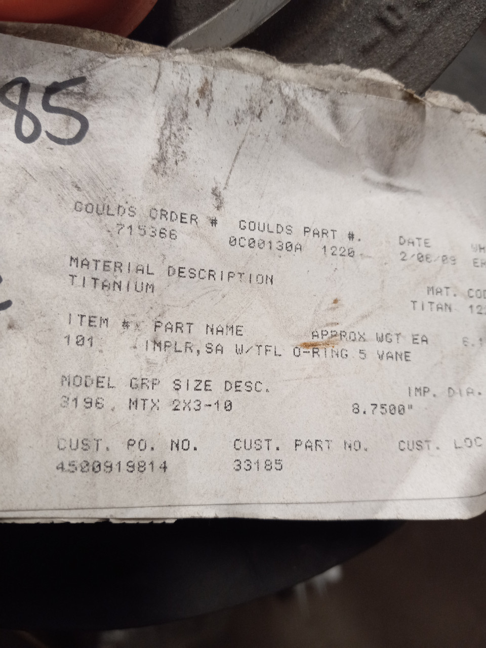 Goulds 3196 MTX 2x3x10 Imp 5 Vane Open 8.750" TI P# 0C00130A Patt 57690 ...