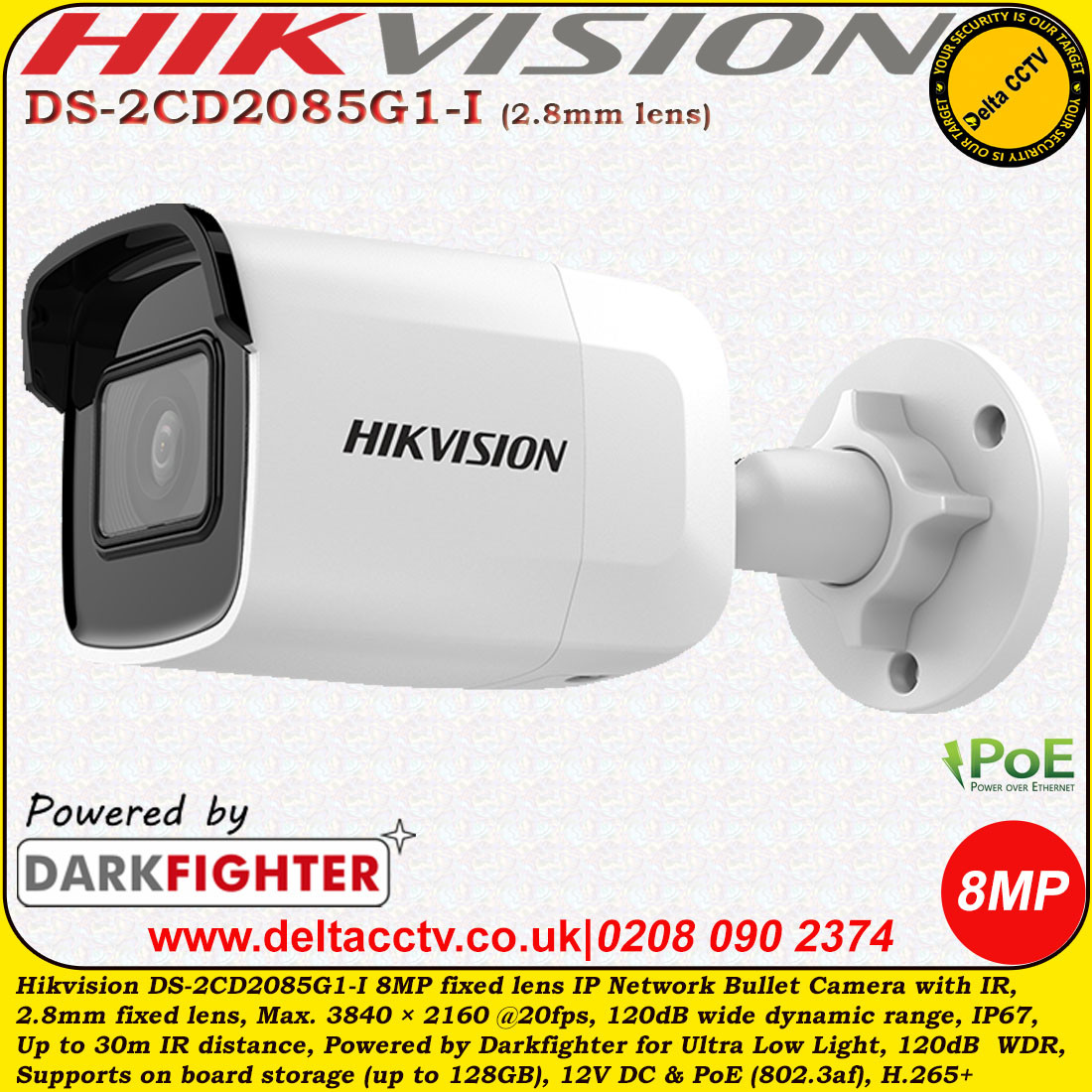 Hikvision DS-2CD2085G1-I 8MP 2.8mm fixed lens 30m IR Darkfighter ultra low light IP Network ...