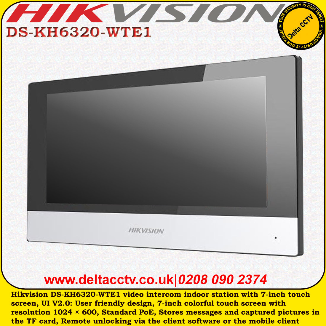 Hikvision DS-KH6320-WTE1 video intercom indoor station with 7-inch touch screen, Supports WiFi