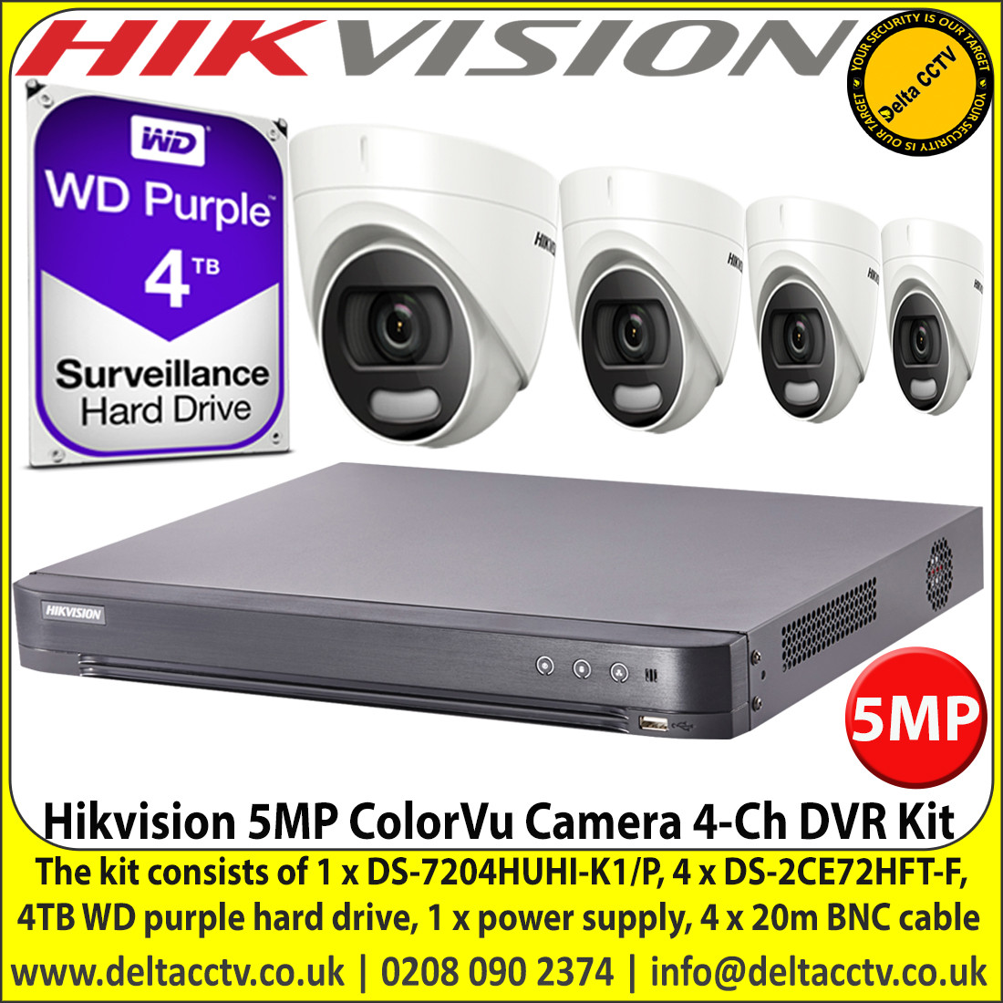 Hikvision 5MP ColorVu Camera Kit with 4-Channel DVR, The kit consists ...