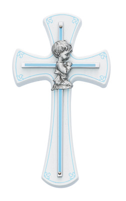 7in White and Blue Baby Boy Praying Cross - Trinity Church Supply