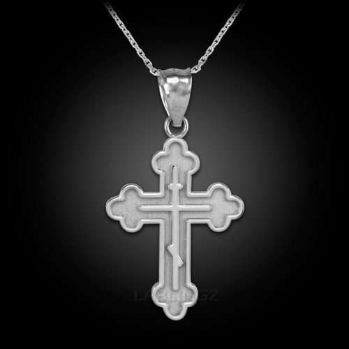 White Gold Russian Eastern Orthodox Cross Charm Pendant