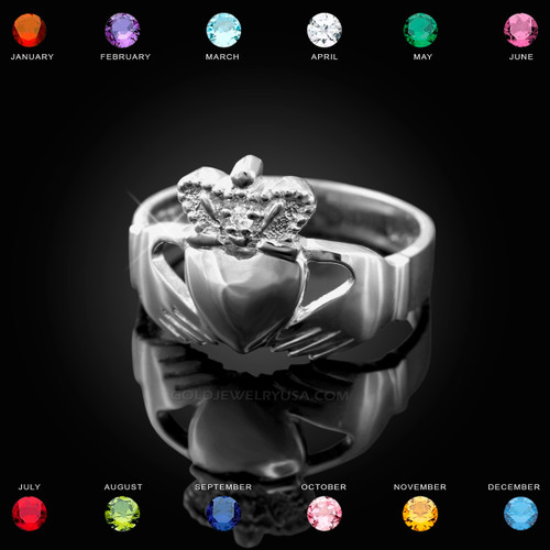 White Gold Mens Claddagh CZ Birthstone Ring