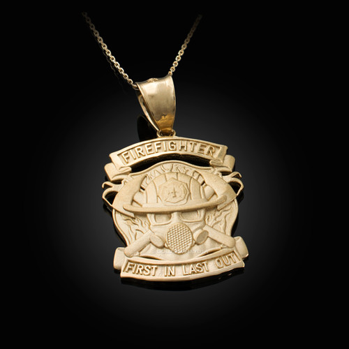 Gold Fire Rescue Firefighter Solid Badge Pendant Necklace