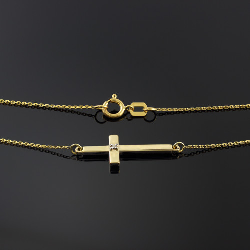 14K Gold Sideways Cross Cute Diamond Necklace