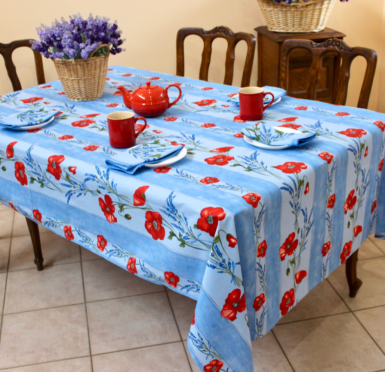Poppy Light Blue French Tablecloth 155x300cm 10seats COATED Made in ...