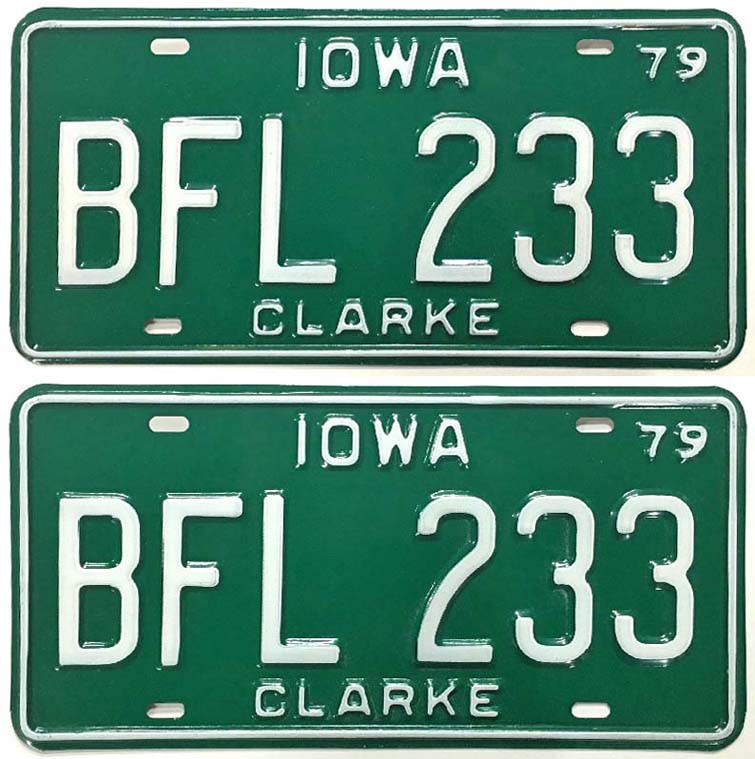 Iowa 1979 Clarke County License Plate Pair - BFL233 - Plate Dog