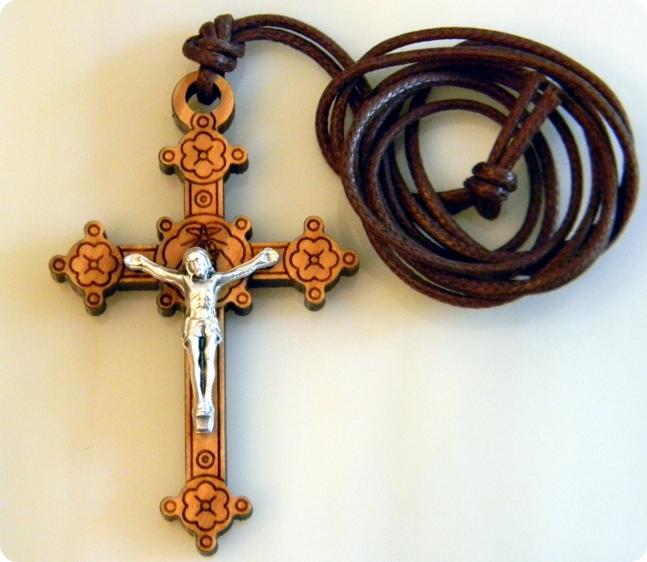 Olive Wood Laser Engraved 2" Crucifix on brown cord - Our Daily Bread ...