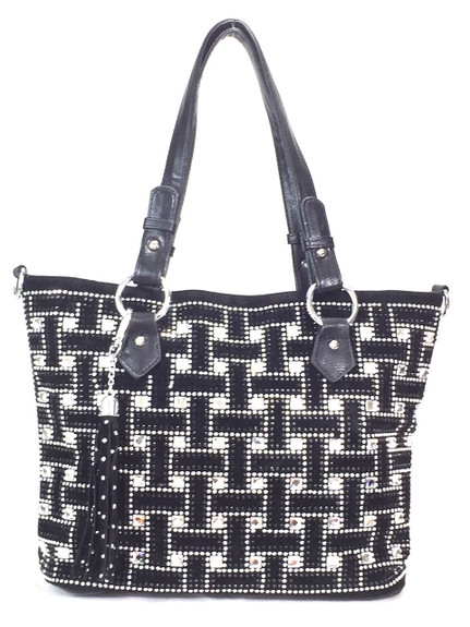 Woven Braided Patent Sparkle Tote Bag With Tassel Black