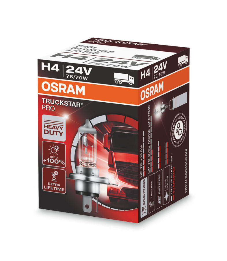 Osram H4 75/70w 24v Truckstar Pro Bulb +100% More Light 64196TSP