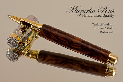 Handcrafted Turkish Walnut Rollerball Pen Chrome/Gold