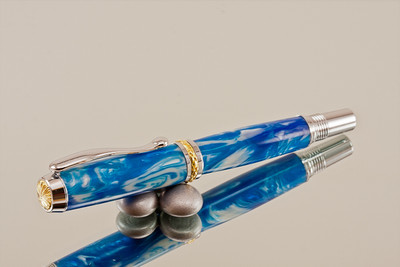 Handmade Writing Instrument Blue Strata Chrome and Gold