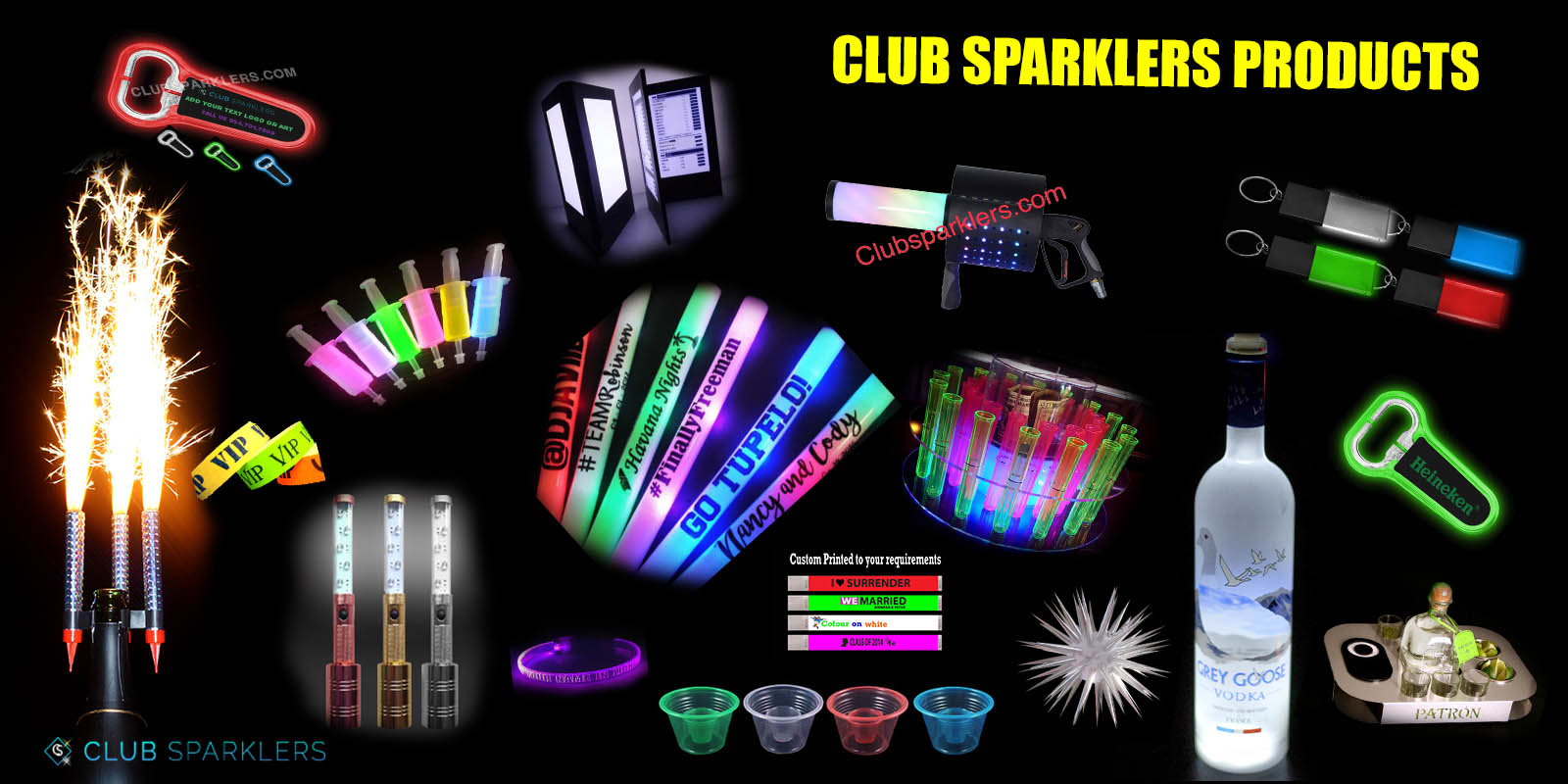 Club sparklers, champagne bottle sparklers, custom led foam sticks
