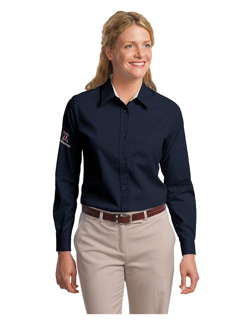 Associate LONG Sleeve TWILL Shirt - LADIES - Navy w/sleeve XEX logos ...