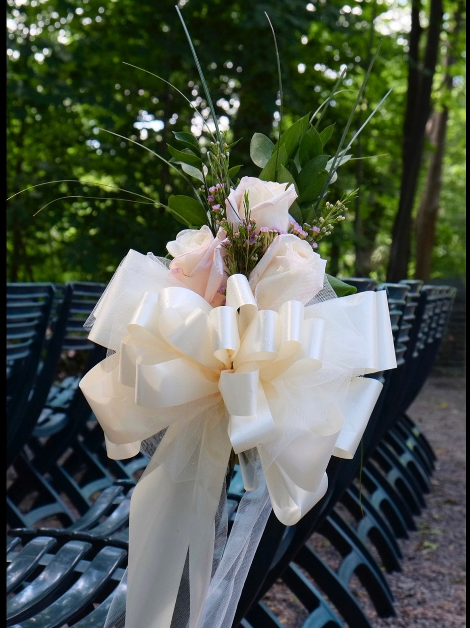 Set Of Six Pew Bows Ivory Tulle And Satin With Pink Roses - Classy Flowers