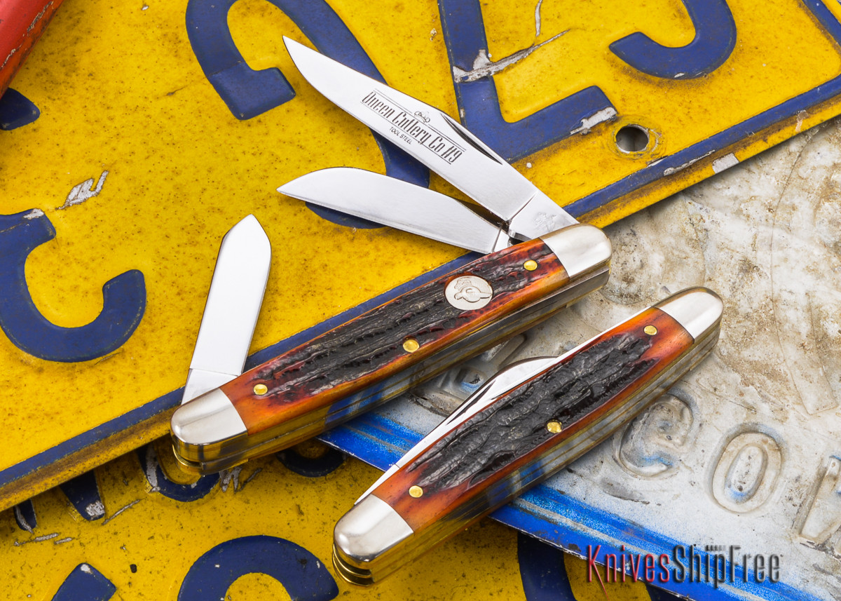 Queen Cutlery: 3 Blade Large Stockman Pocket Knife--Amber Stag Bone--D2 ...