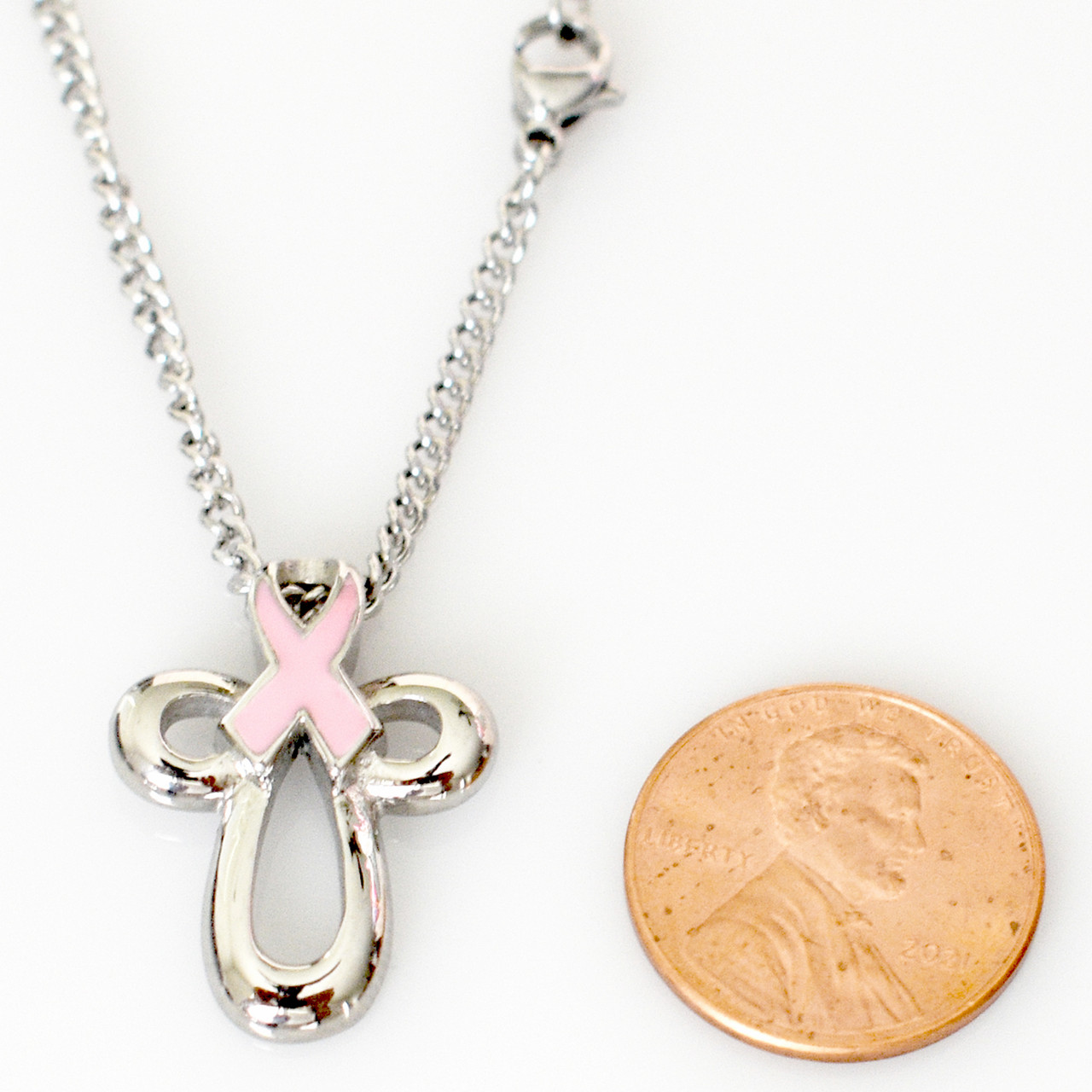 Breast Cancer Awareness Pink Ribbon on Cross Charm small size with ...