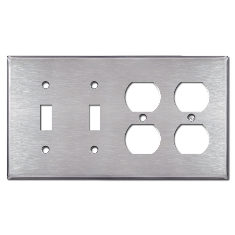 2 Toggle 2 Duplex Outlet 4 Gang Switch Plates - Satin Stainless Steel