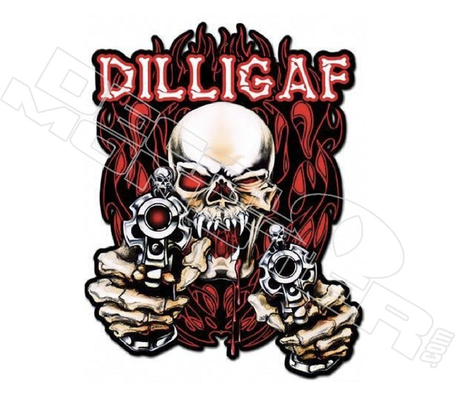 DILLIGAF Skull with Guns Decal Sticker - DecalMonster.com