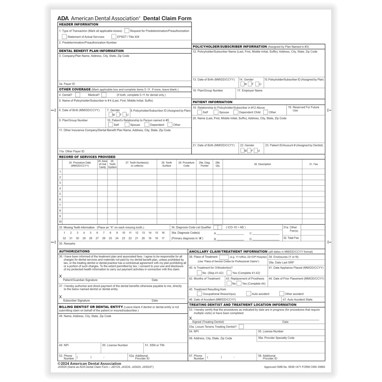 ADA Dental Claim Form, 2024 Version Laser Cut, 1000/pkg - NMF