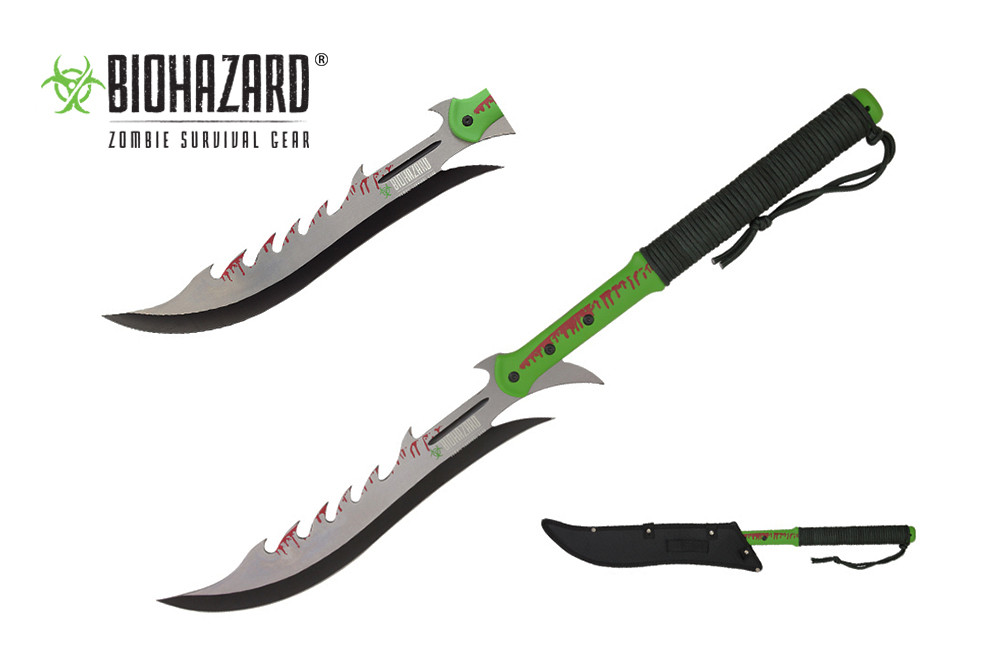 27" Biohazard Zombie Killer Machete Black Handle with Two Tone Blade