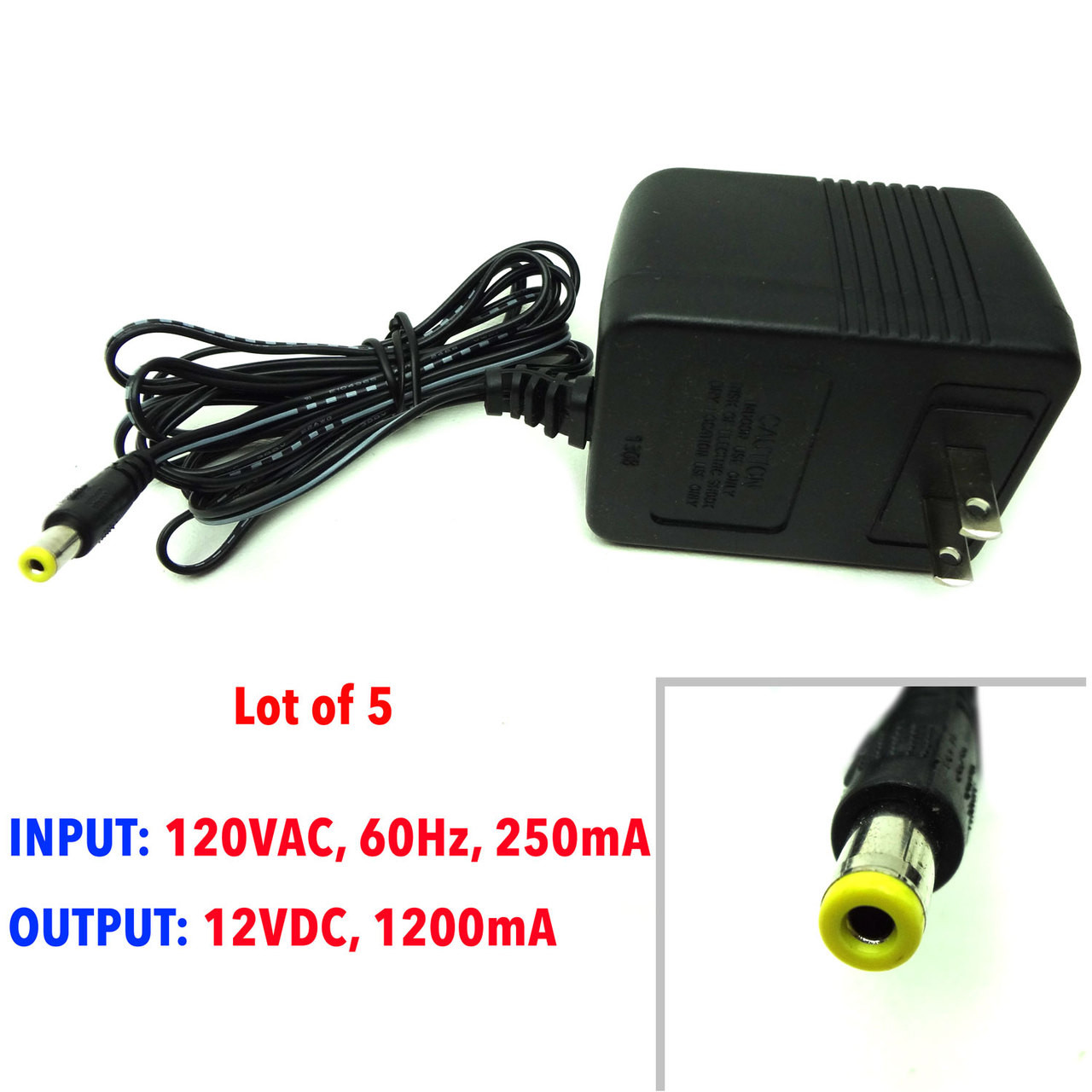 [Lot of 5] AC adapter 120VAC, 60Hz, 250mA, 12VDC, 1200mA, 12V 1.2A New ...