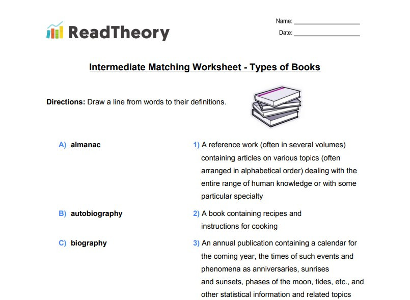 Matching - Intermediate - Types of Books - Read Theory Workbooks
