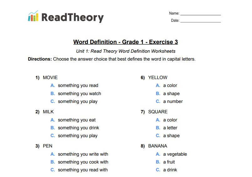 Word Definition - Grade 1 - Exercise 3 - Read Theory Workbooks