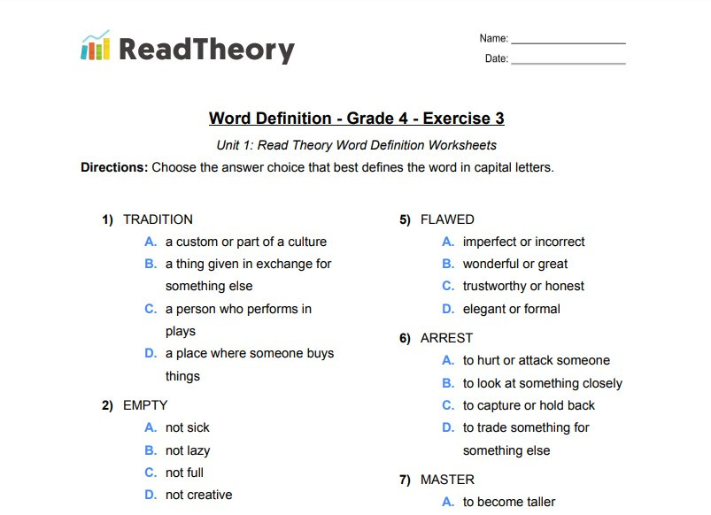 Word Definition - Grade 4 - Exercise 3 - Read Theory Workbooks