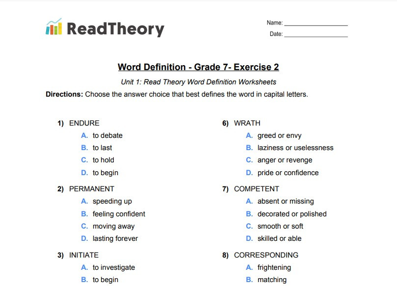 Word Definition - Grade 7 - Exercise 2 - Read Theory Workbooks