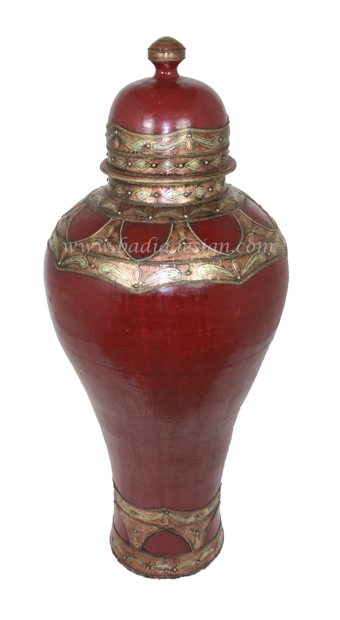Large Red Hand Painted Metal and Ceramic Urn from Badia Design Inc