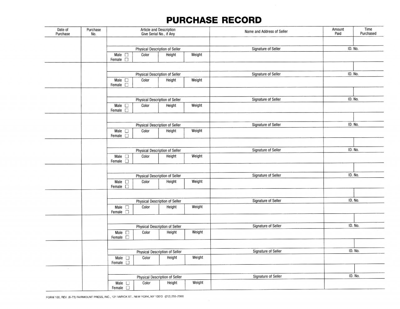 Form 100 — Licensed Second Hand Dealer General Registry NYC - Fairmount ...