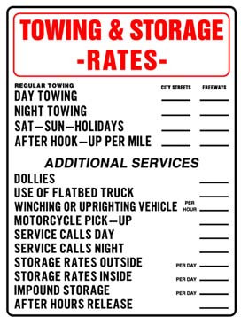 Sign - Towing & Storage Rates (24inx18in) - Emissions Depot®