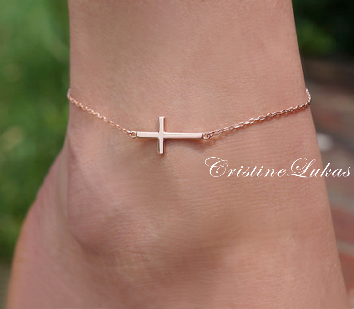 Celebrity style sideways cross anklet made from Sterling Silver or solid Gold of your choice 10K 14K or 18K
