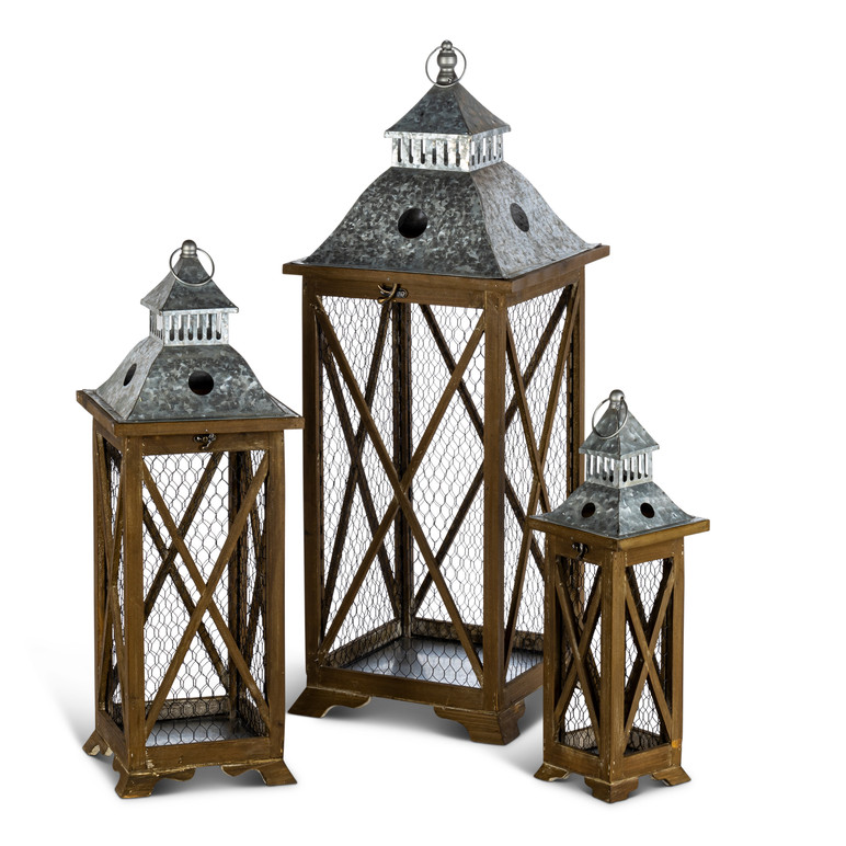 Set of 3 Wood & Iron Nested Farm Lanterns - EventsWholesale.com