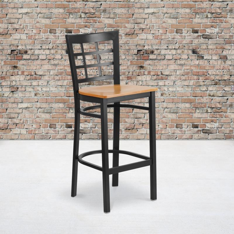 HERCULES Series Black Window Back Metal Restaurant Barstool Natural Wood Seat FLF XU DG6R7BWIN BAR NATW GG EventsWholesale