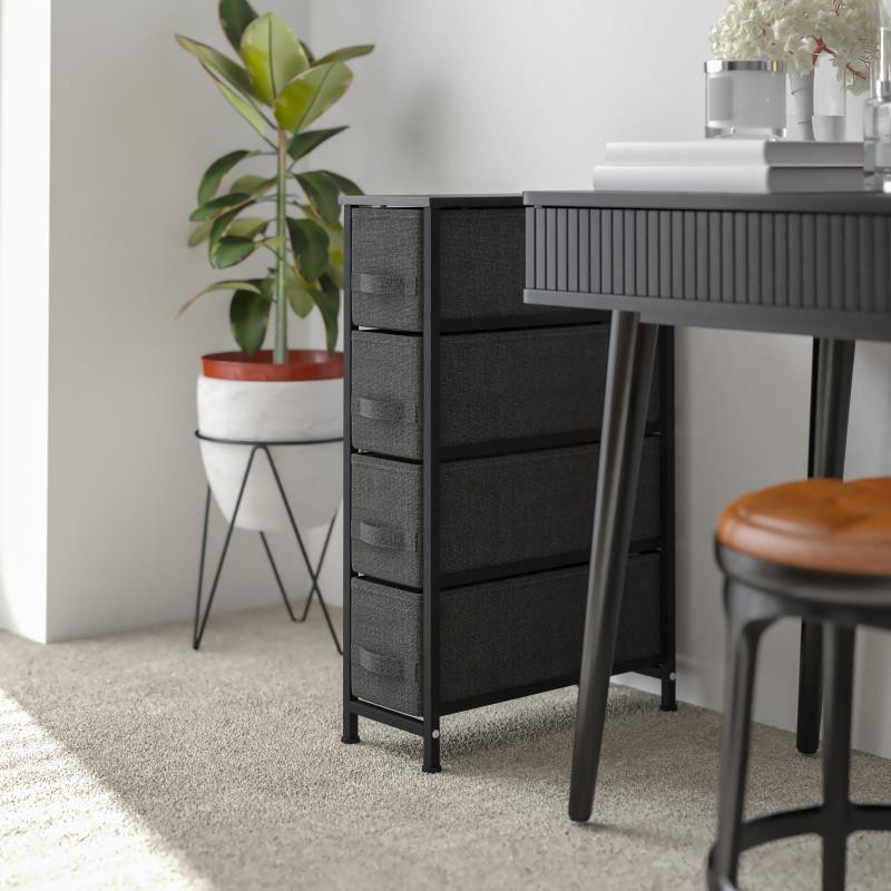 4 Drawer Slim Wood Top Black Cast Iron Frame Dresser Storage Tower with Dark Gray Easy Pull Fabric Drawers FLF WX 5L203 BK GR GG EventsWholesale