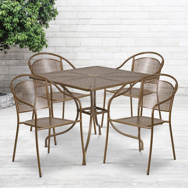Oia Commercial Grade 35.5 Square Gold Indoor Outdoor Steel Patio Table Set with 4 Round Back Chairs FLF CO 35SQ 03CHR4 GD GG