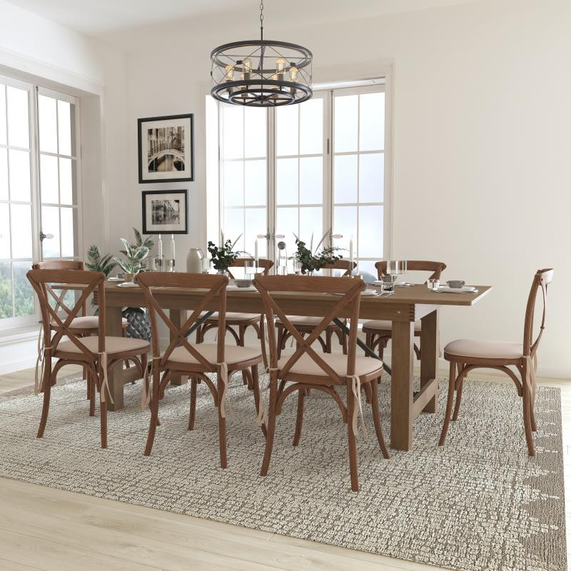 Flash Furniture Hercules Series 8 x 40 Antique Rustic Folding Farm Table Set with 8 Cross Back Chairs and Cushions