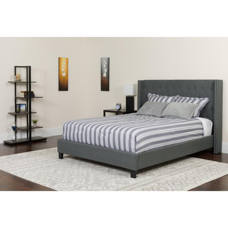 Riverdale King Size Tufted Upholstered Platform Bed in Dark Gray Fabric with Memory Foam Mattress FLF HG BMF 48 GG EventsWholesale