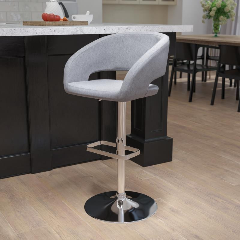 Contemporary Gray Fabric Adjustable Height Barstool with Rounded Mid Back and Chrome Base FLF CH 122070 GYFAB GG