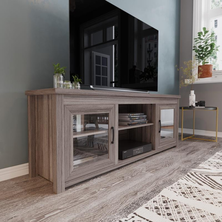 Sheffield Classic TV Stand up to 80 TVs Gray Wash Oak Finish with Full Glass Doors 65 Engineered Wood Frame 3 Shelves FLF GC MBLK65 GY GG EventsWholesale