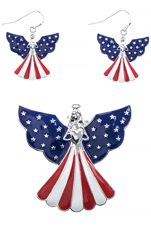 Patriotic angel pendant with blue enamel wings and silver-plate stars ...