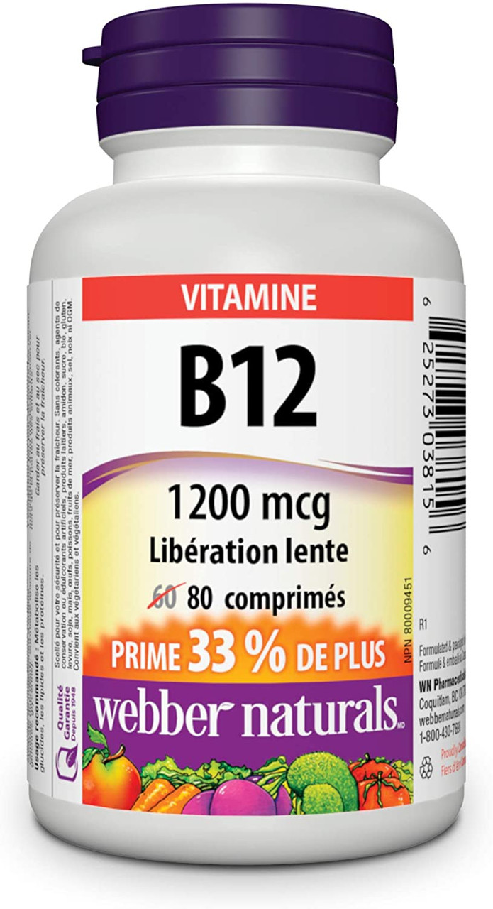 Webber Naturals Vitamin B12 Timed Release 1200mg 80 Tablets 加拿大 Webber